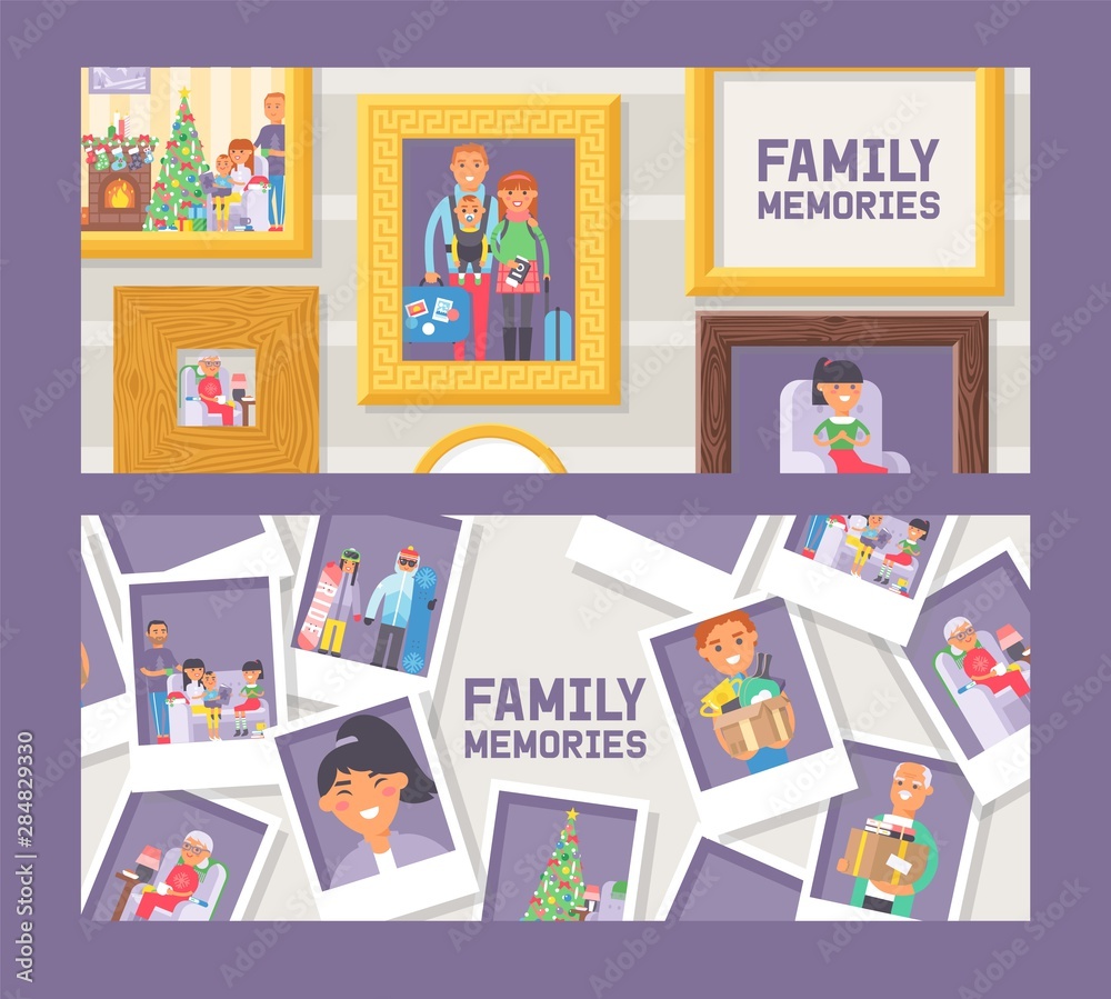 Fimily memories set of banners vector illustration. Picture framing ...