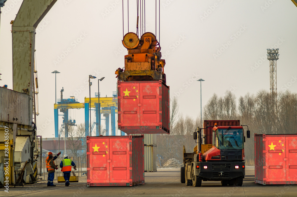 cargo container with the china flag during unloading at the port Stock ...