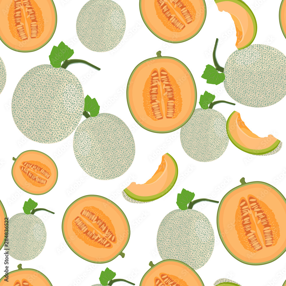 Melon whole and half seamless pattern on white background, Fresh ... Melon whole and half seamless pattern on white background, Fresh ...