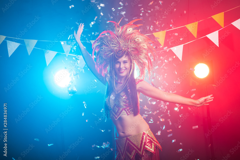 Carnival, belly dance and holiday concept - Beautiful female samba ...