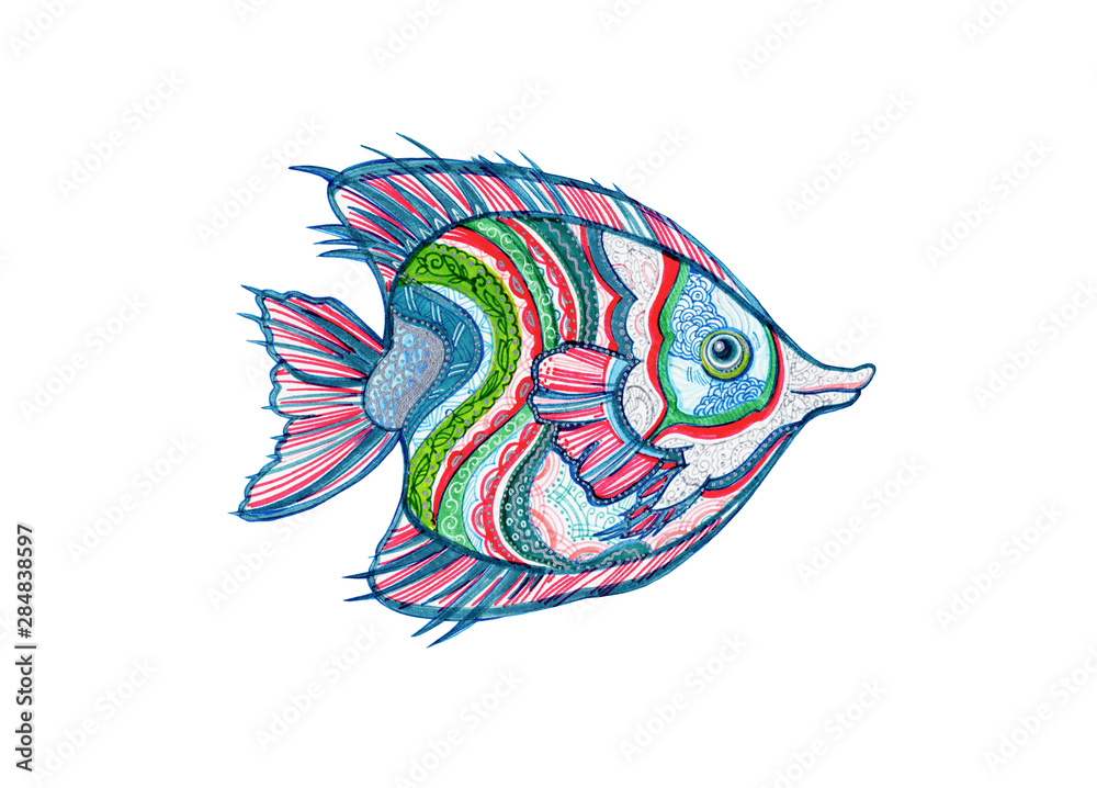 Cute colorful fish with patterns. Hand-drawn markers. Stylized ...