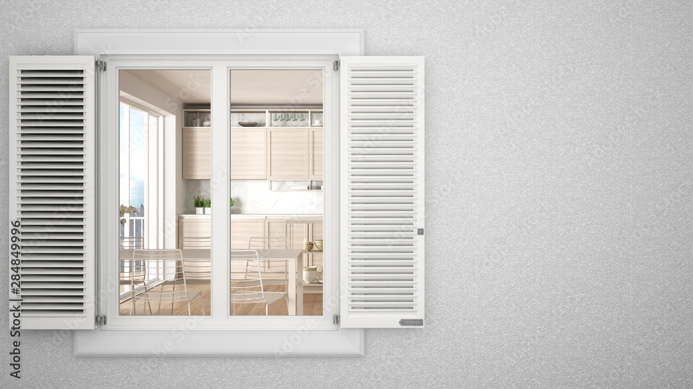 Exterior plaster wall with white window with shutters, showing interior ...