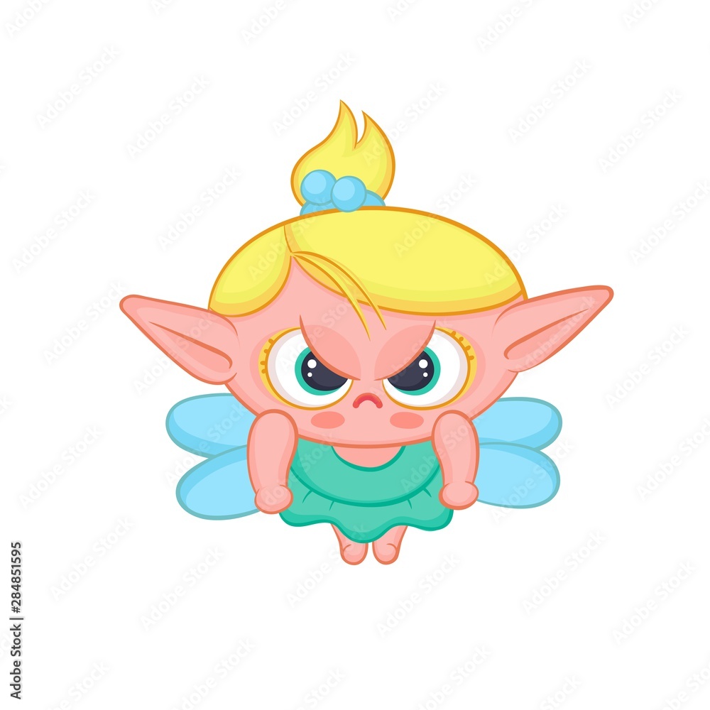 Angry elf fairy with wings. Cute blond girl sorceress in dress vector ...