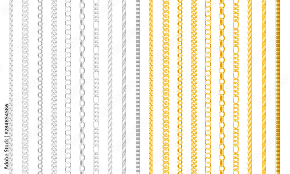 Seamless chain borders. Gold and silver chains elements, vector golden ...