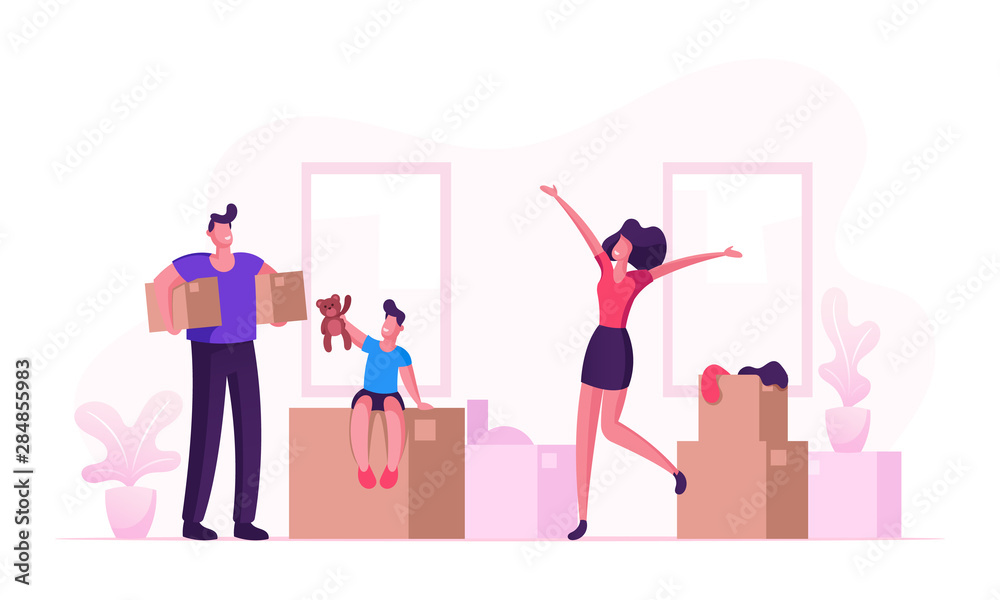 Happy Family Mother, Father and Little Son Moving into New House ...