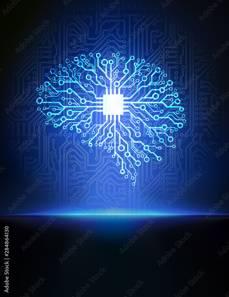 Vector printed circuit board human brain. Blue futuristic illustration ...