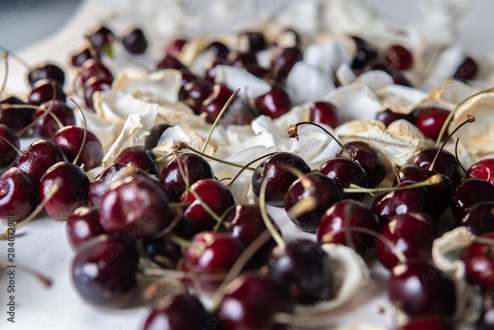 Spoiled sweet cherry from the fridge, rotten fruits. Isolated on white ...