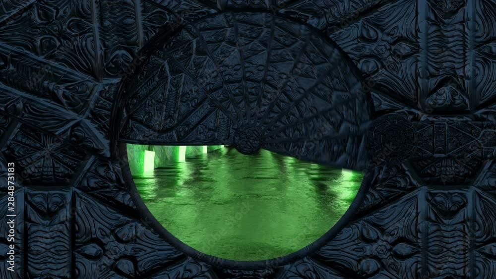 Stone metallic hatch opens panoramic view to the alien landscape scene ...