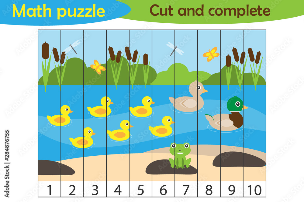Math puzzle, pond with ducks in cartoon style, education game for ...
