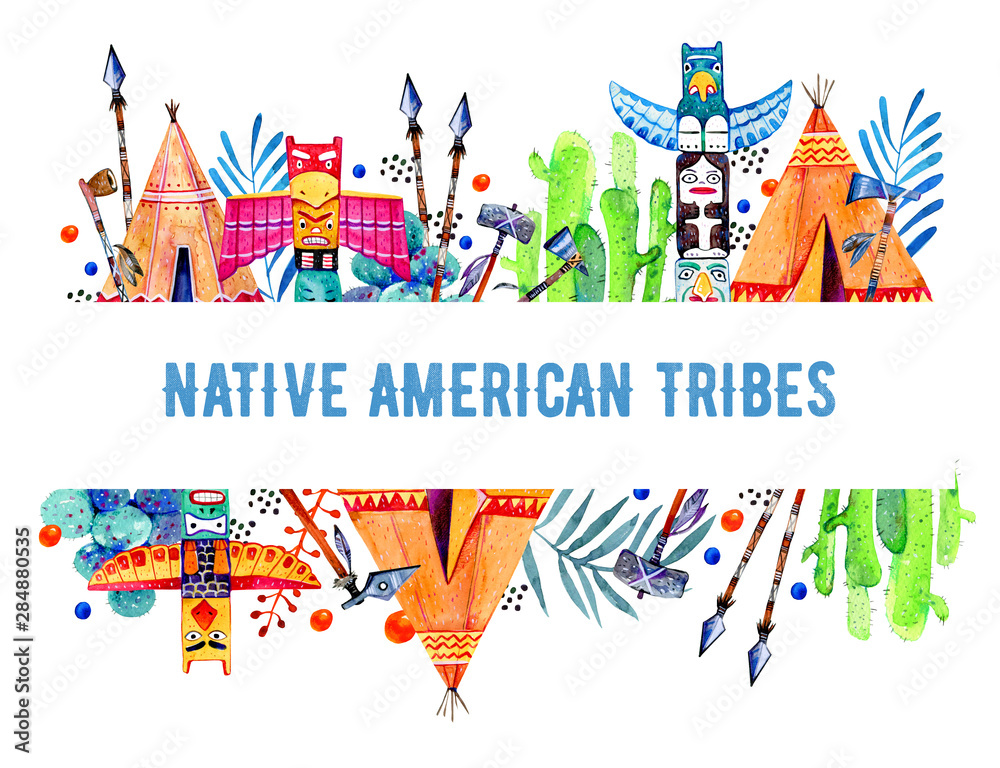 Frame template with Native American indians traditional objects on top ...