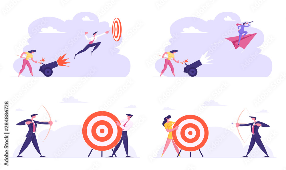 Business Man Shoot with Bow Aiming Arrow to Target. Businesswoman ...