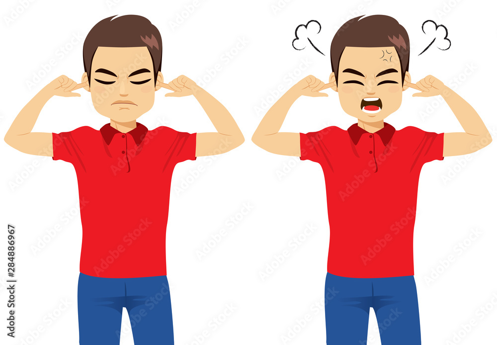 Young angry man in two face gesture actions covering ears with fingers ...