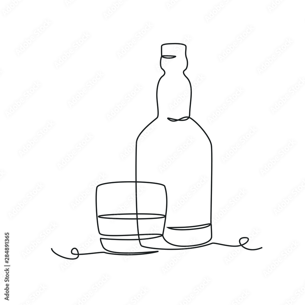 Whiskey bottle and glass one line drawing on white isolated background ...