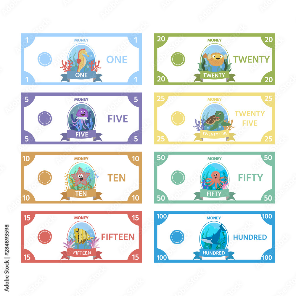 Vector set of paper money for children's games with cute sea Horse ...