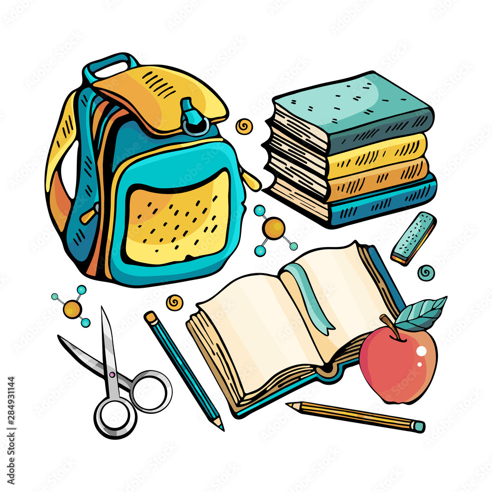School set for the boy. Cartoon cute Doodle school lessons. Colorful ...