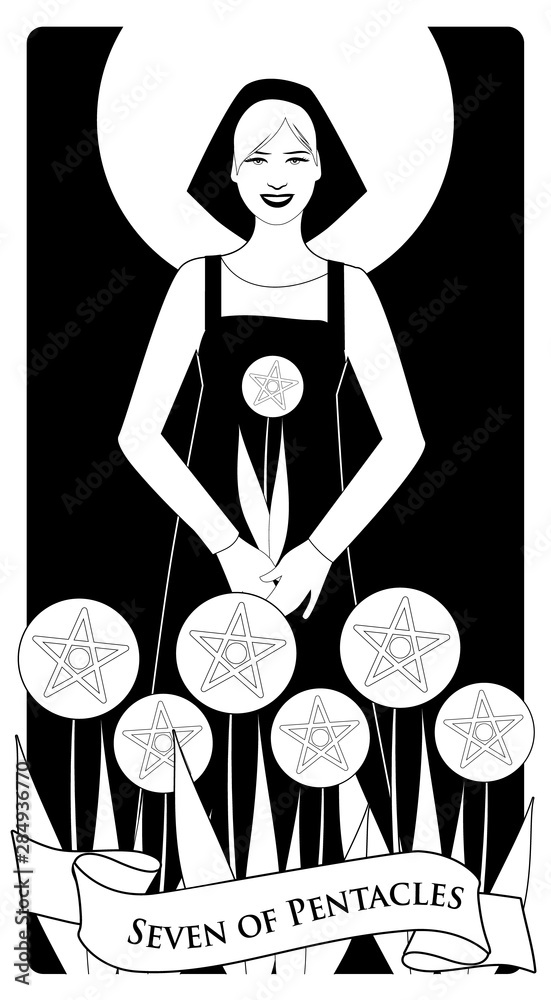 Seven of pentacles. Tarot cards. Beautiful worker collecting a harvest ...