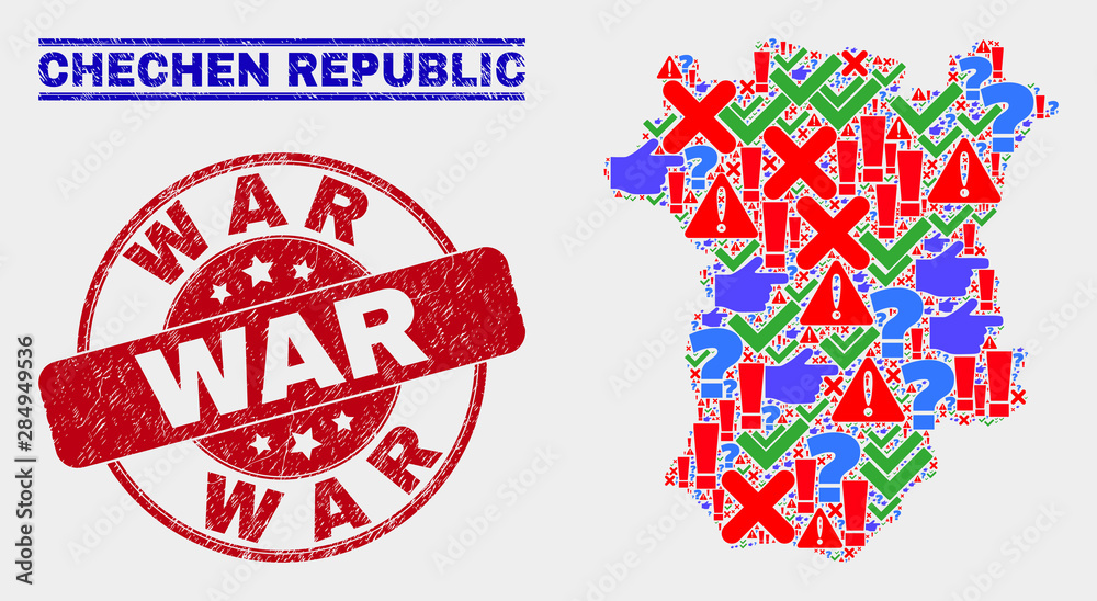 Symbolic Mosaic Chechen Republic map and seal stamps. Red rounded War ...