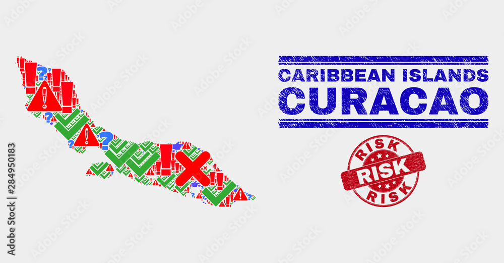 Sign Mosaic Curacao Island map and seal stamps. Red round Risk textured ...