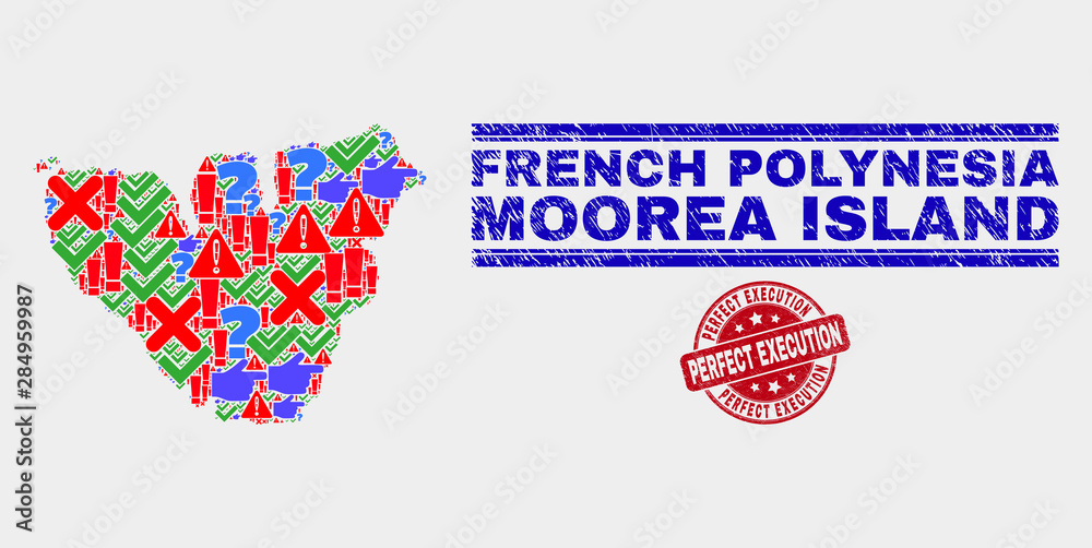 Symbol Mosaic Moorea Island map and seal stamps. Red rounded Perfect ...