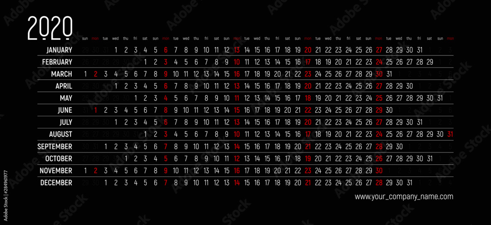 English creative calendar 2020 - linear simple design, creative ...