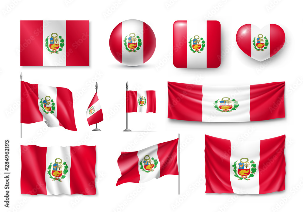 Various flags of Peru independent country set. Realistic waving ...