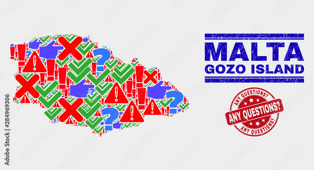 Symbol Mosaic Gozo Island map and seal stamps. Red round Any Questions ...