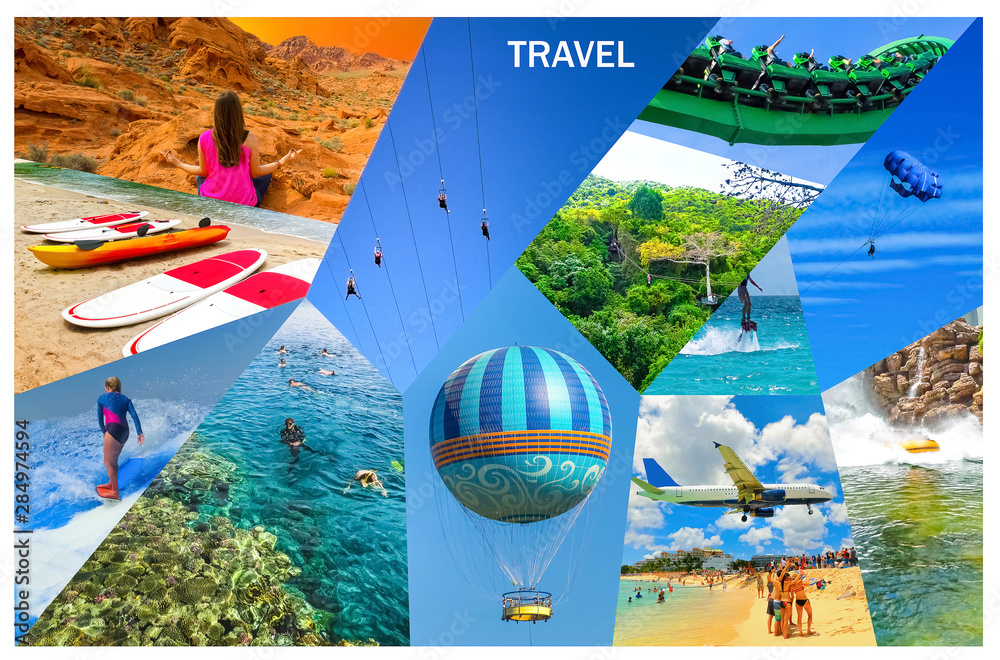 Travel activity - Collage from views of the Caribbean beaches - Boat ...