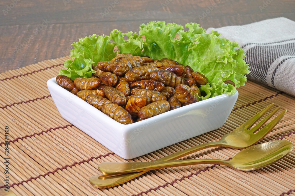 Edible insects : Deep fried crispy salted Silkworm pupae. Entomophagy : Edible insects, other ...