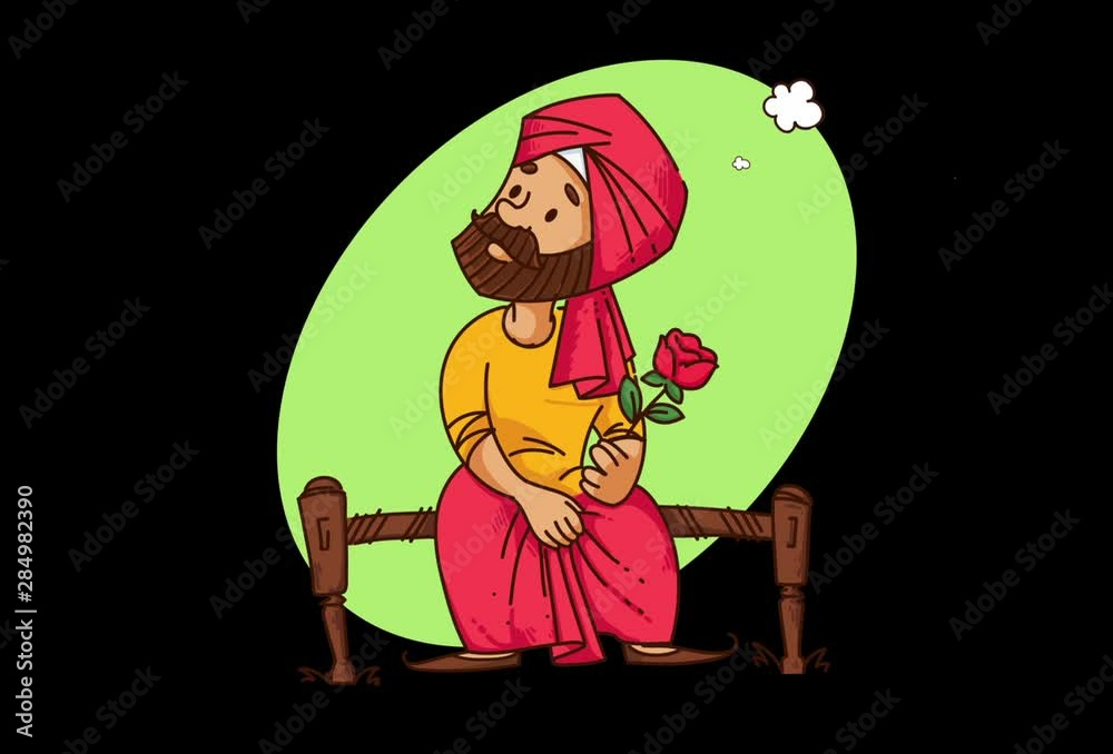 Vector cartoon illustration of Punjabi sardar man sitting on a bed with ...
