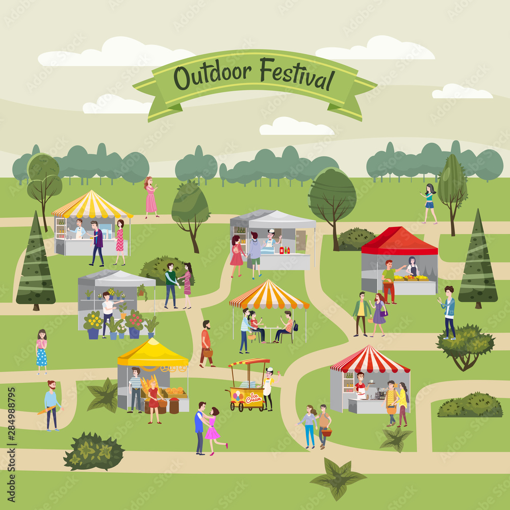 Seasonal Outdoor festival fair, market with food stalls, kiosks canopy ...