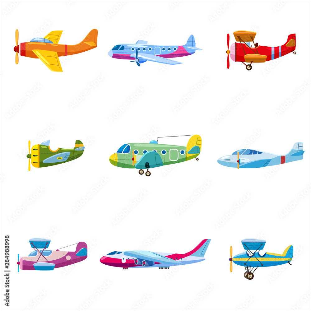 Set of airplanes aircraft different colour. Retro, personal, cargo ...