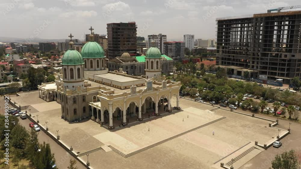 Aerial view flying around Medhane Alem church (cathedral) in Bole ...