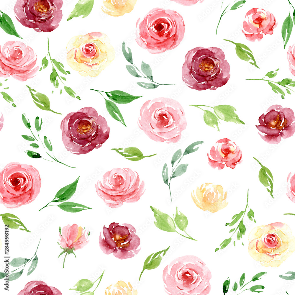 Seamless background, floral pattern with watercolor flowers roses and ...