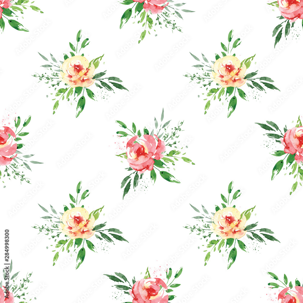 Seamless background, floral pattern with watercolor flowers roses and ...