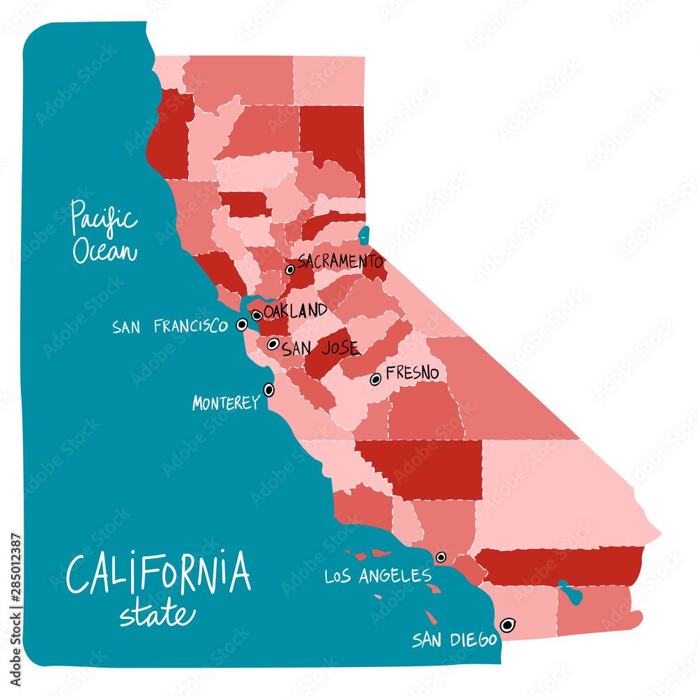 Map of California state of the USA, with counties. Stock Vector | Adobe ...
