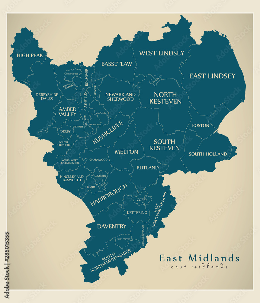 Modern Map - East Midlands map of England UK with districts and labels ...