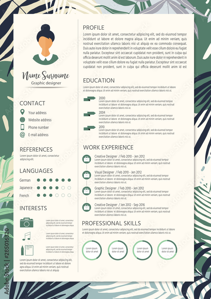 Feminine resume with infographic elements and tropic design. Stylish CV ...