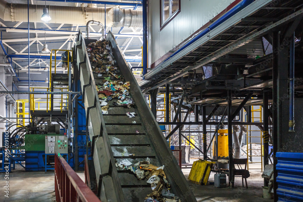 moving conveyor transporter on Modern waste recycling processing plant ...