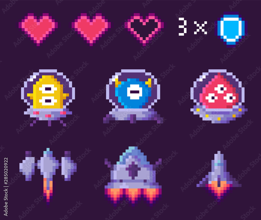 Space pixel game, spaceship and ufo, heart symbols on purple, pixelated ...