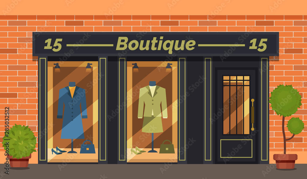 Vintage boutique shop store facade with storefront large window ...