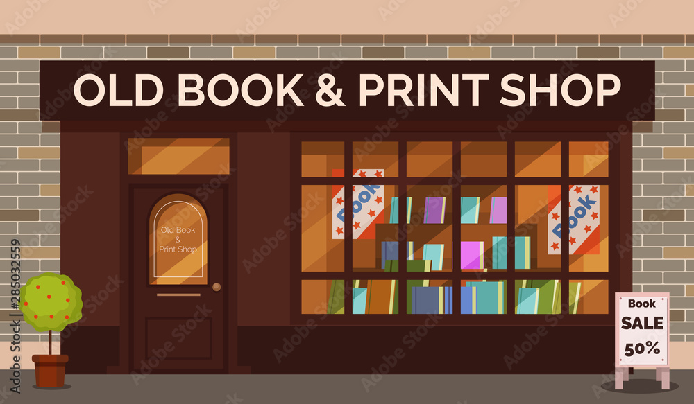 Vintage book shop store facade with storefront large window, columns ...