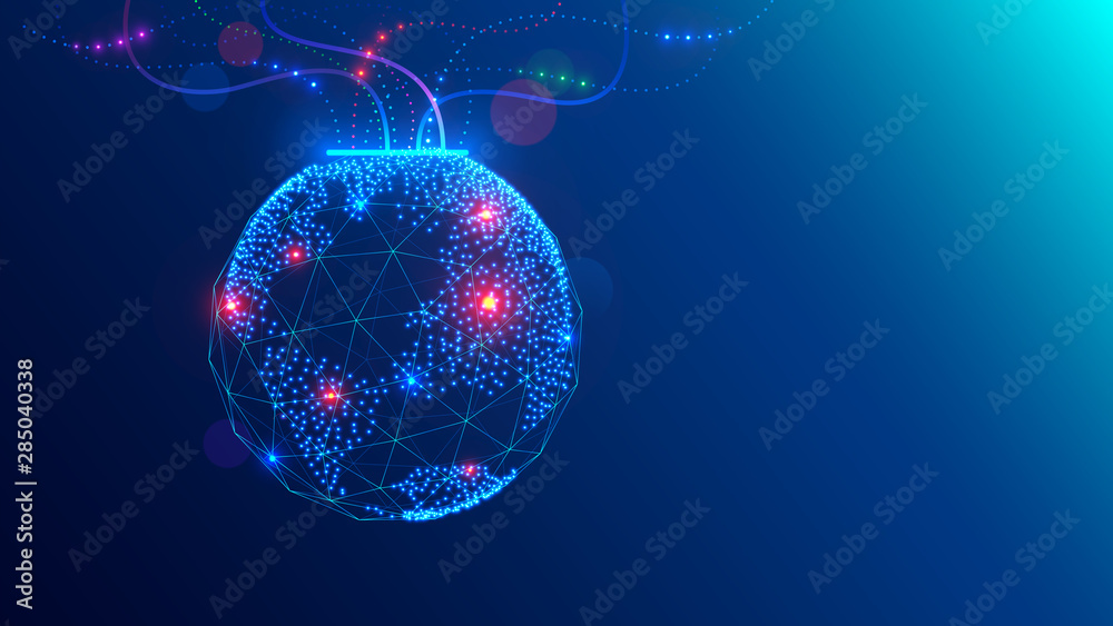 Christmas ball on close up tree in electronic, communication technology ...