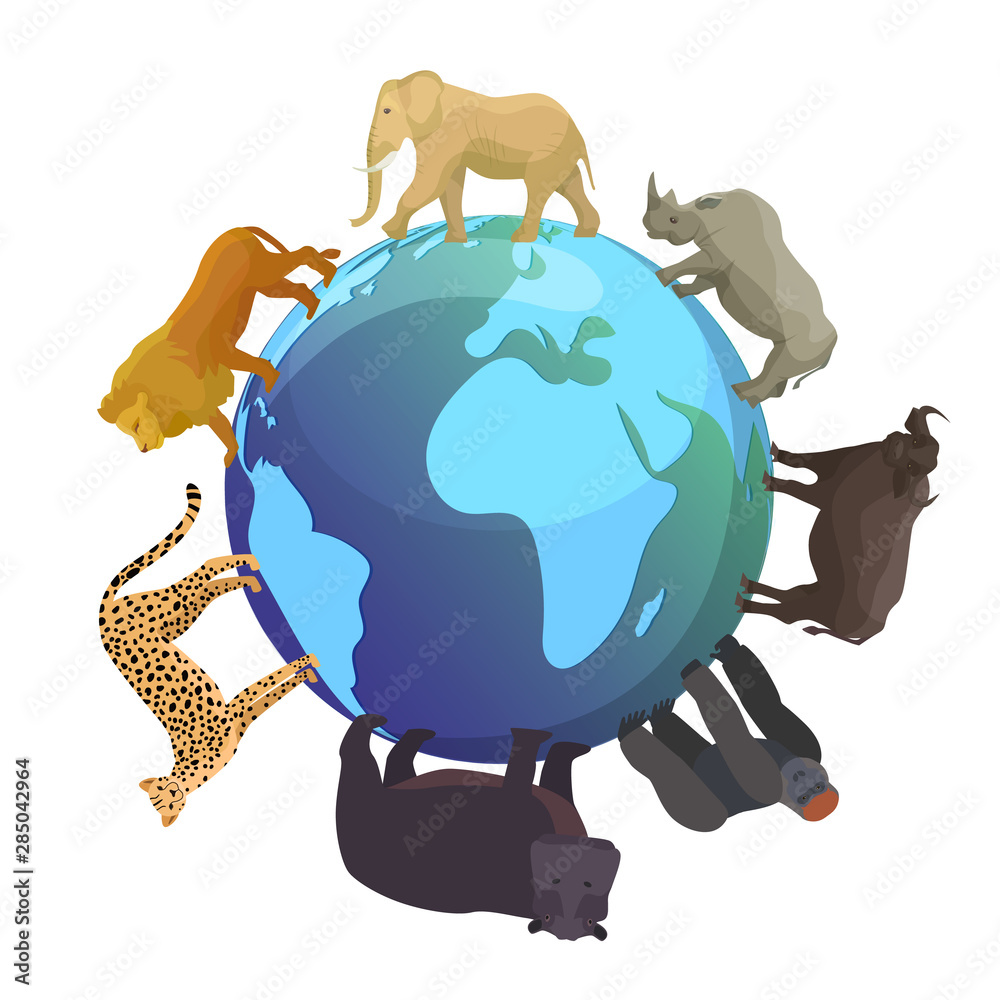 Wild animals around globe banner vector illustration. World wildlife ...