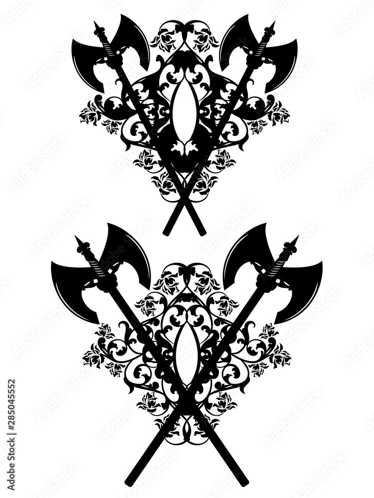 crossed nordic battle axes and rose flowers heraldic emblem - weapon ...