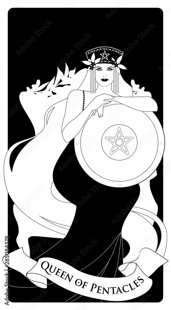 Queen of Pentacles with crown and long hair holding golden shield with ...