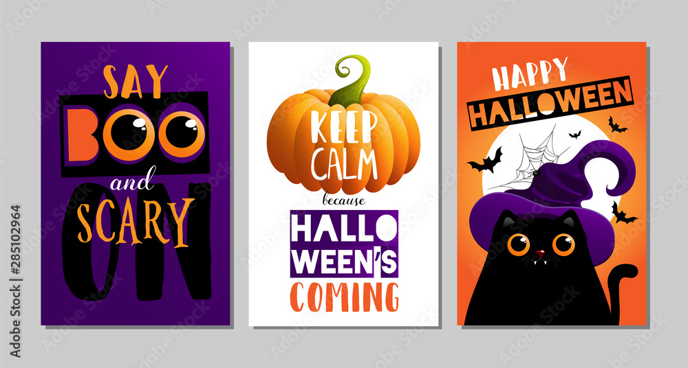 Vector illustrations with black cat. Halloween poster designs with ...