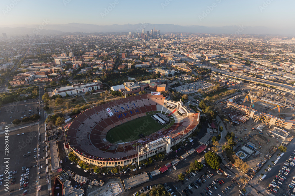 Aerial view of the historic Los Angeles Memorial Coliseum Stadium, USC ...