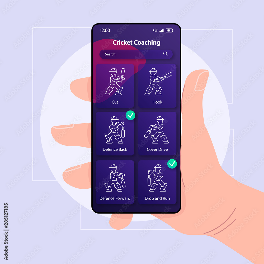 Cricket coaching smartphone interface vector template. Mobile app page ...