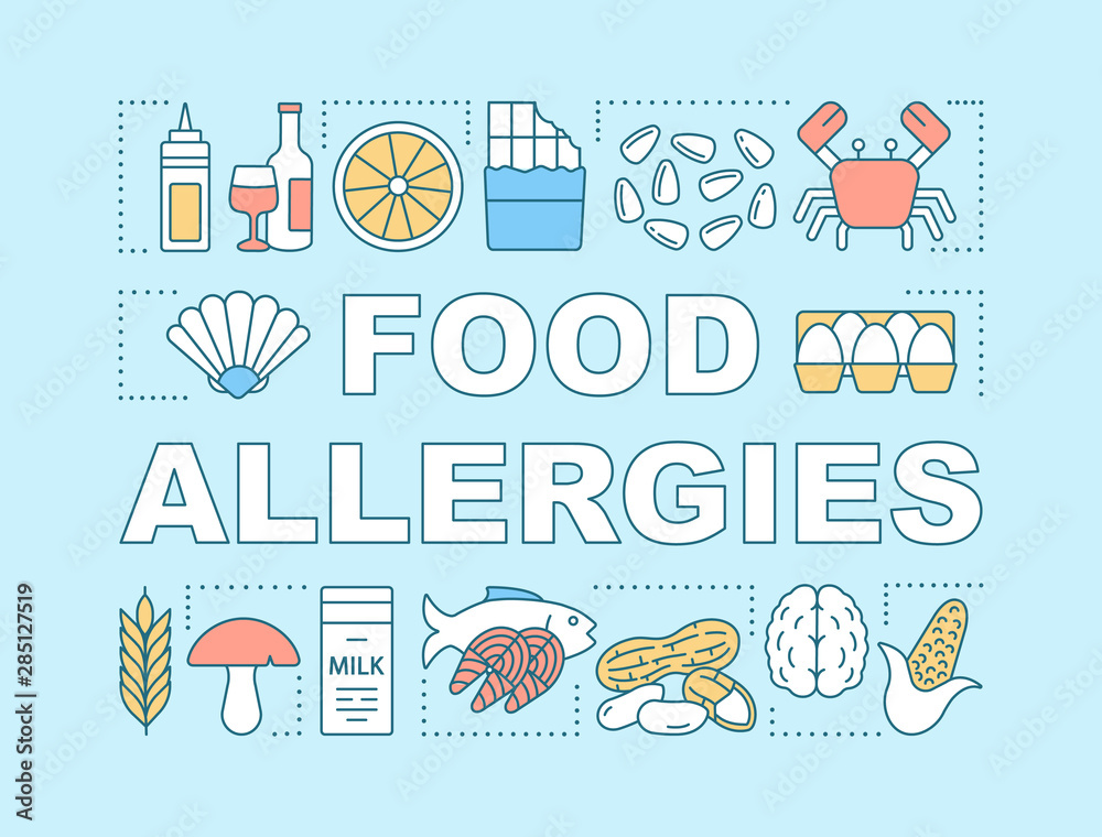 Food allergies word concepts banner. Allergic reaction to eggs, seafood ...