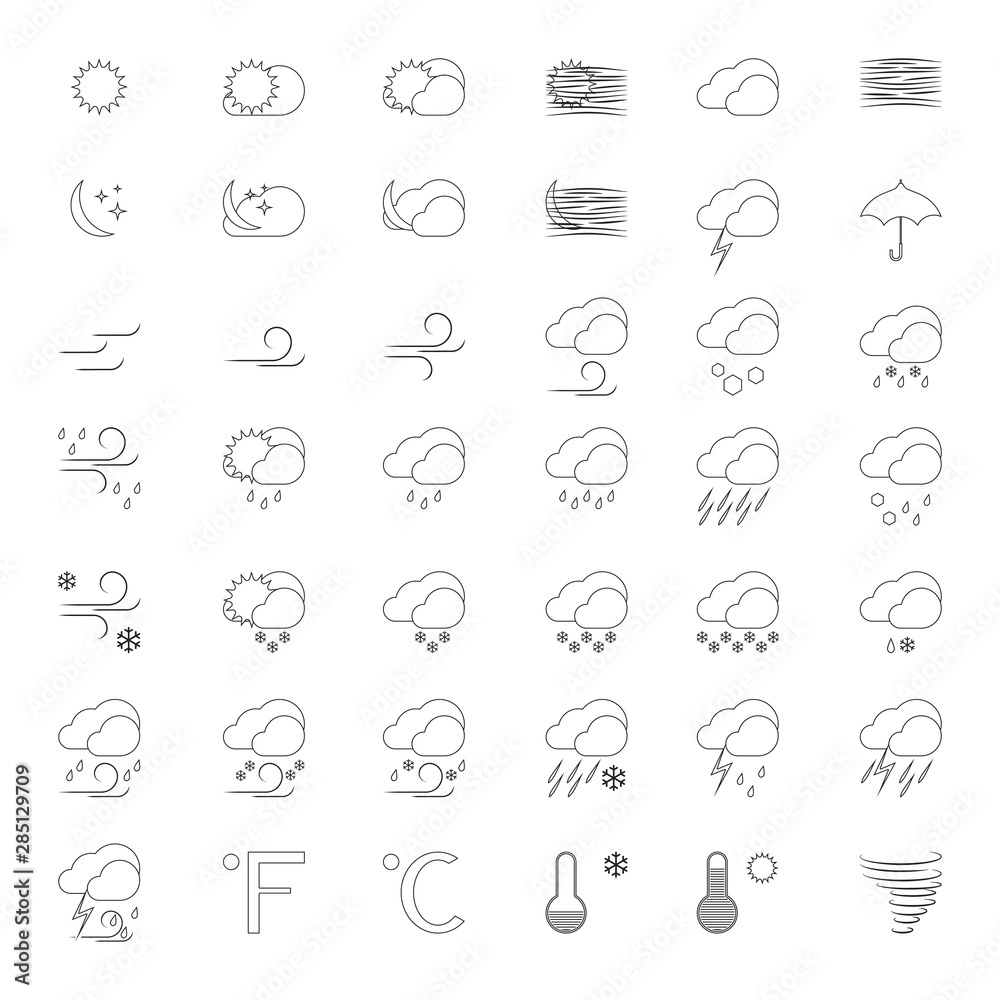 Vector set of 42 weather line icons. Sunny, snowy, windy, rainy ...